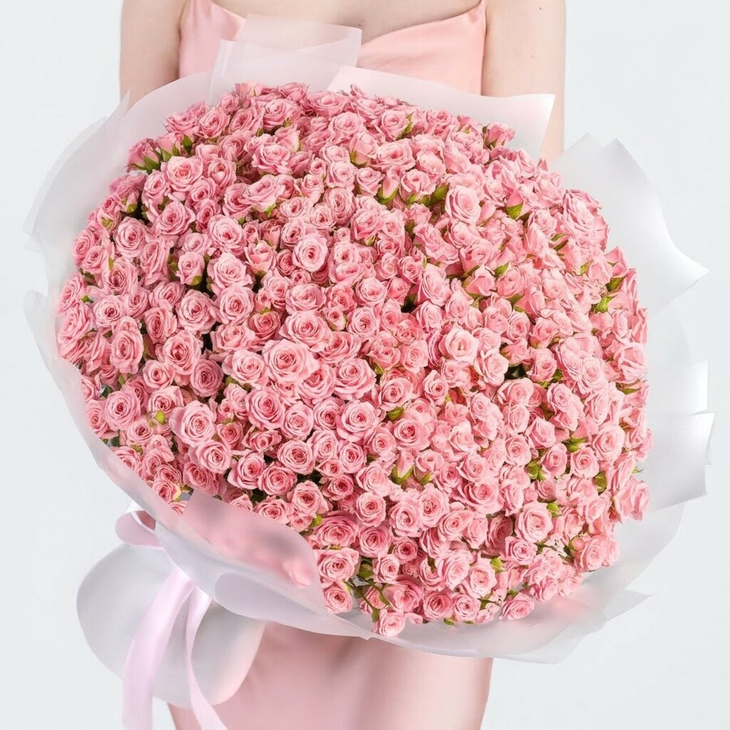 Букет Мегацвет24 "Кустовая роза", 101 цветок, розовый, дизайнерская упаковка