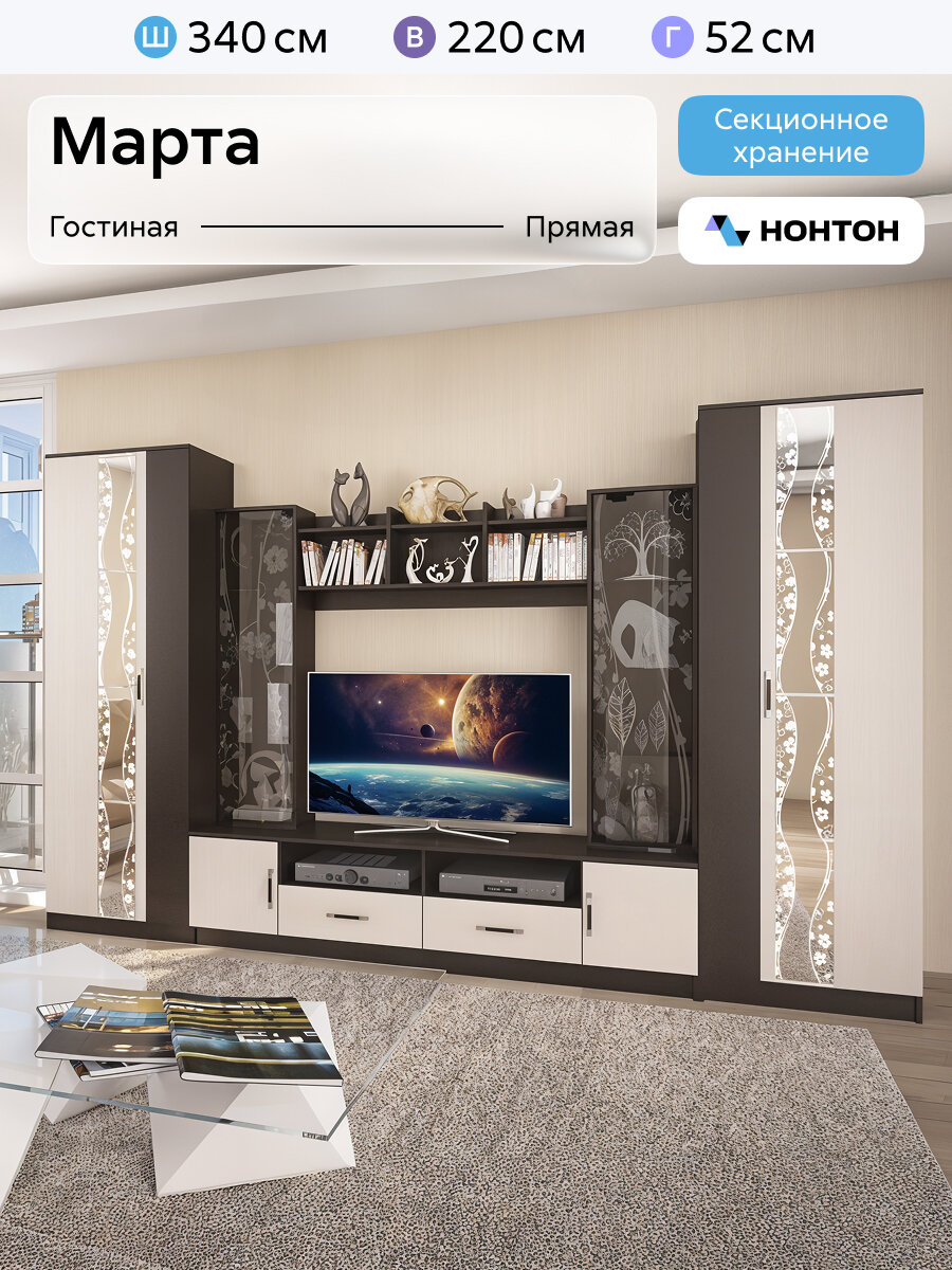Стенка в гостиную со шкафом Нонтон Марта-15 венге / дуб белфорд, 340 см