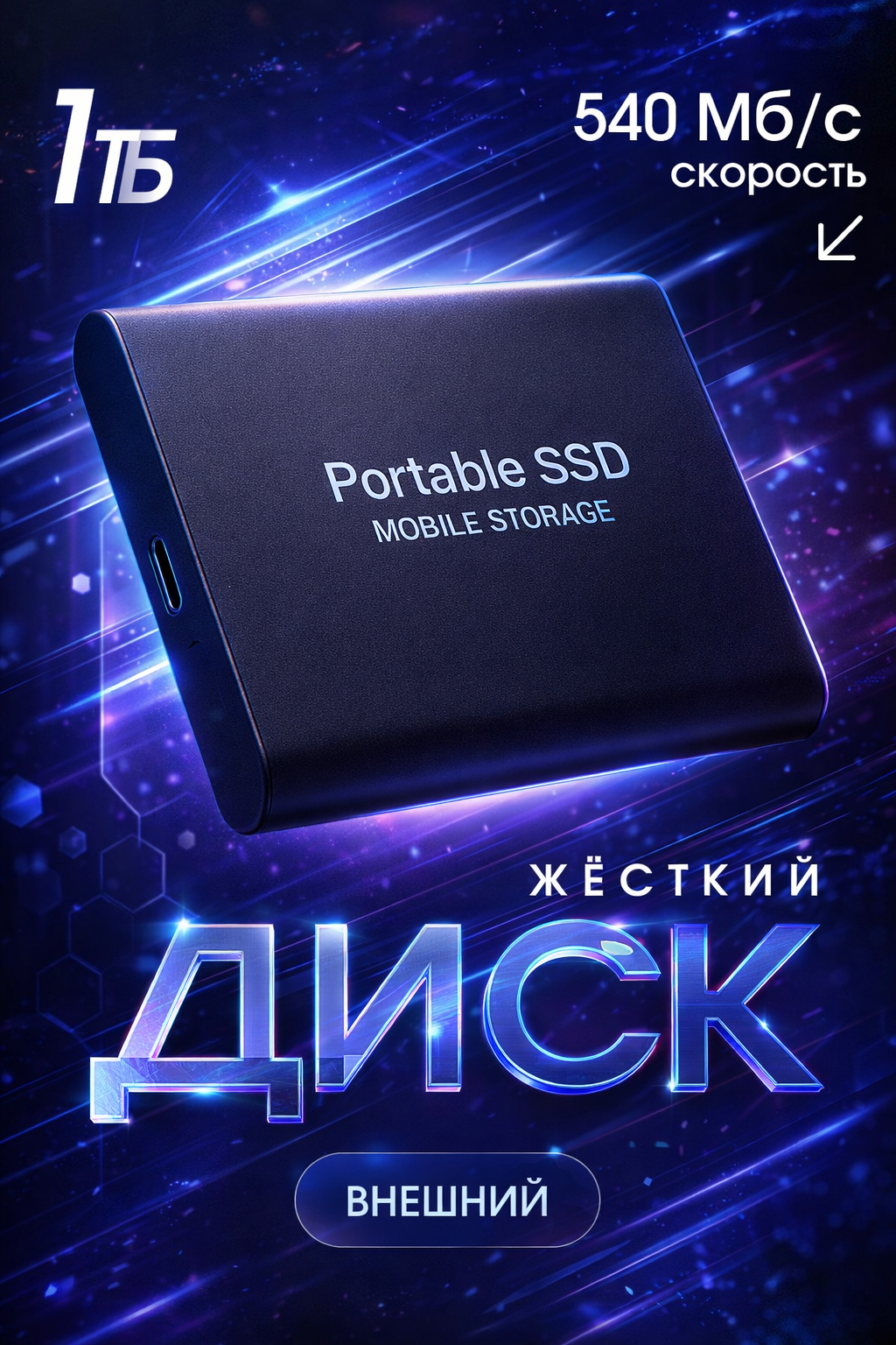 Диск жесткий внешний 1ТБ SSD-диск (22352525252), USB 3.0,