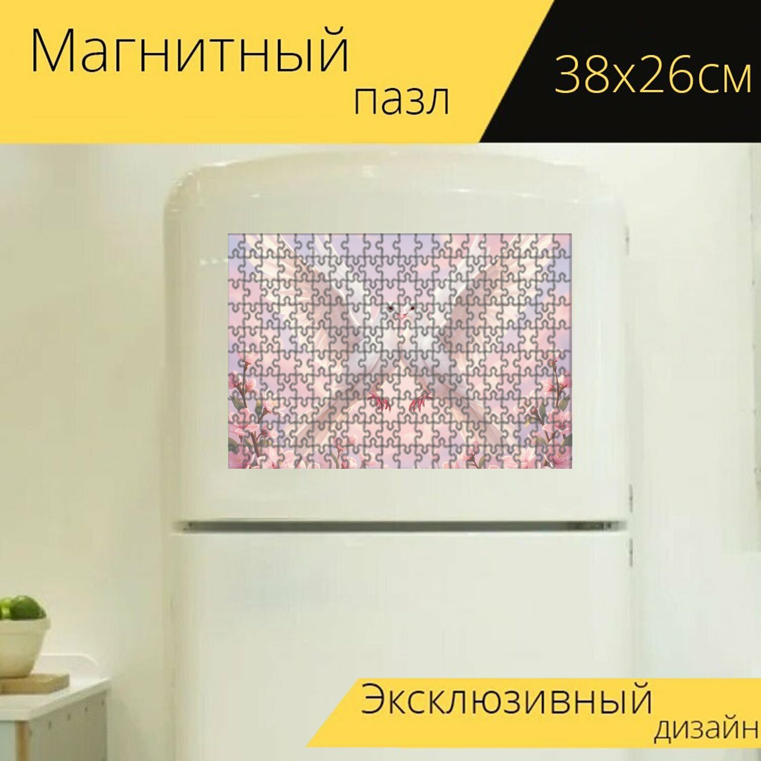 Магнитный пазл "Две белые голубки в цветах. Нежная романтичная композиция с парой белоснежных птиц, соприкасающихся клювами в форме сердца. Пастельные." для интерьера, 38х26 см.