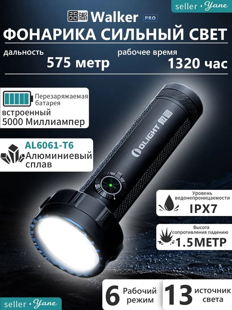 Olight Walker Pro тактический фонарь черный 575 м 1320 ч 5000 мАч 6 режимов 13 источников света