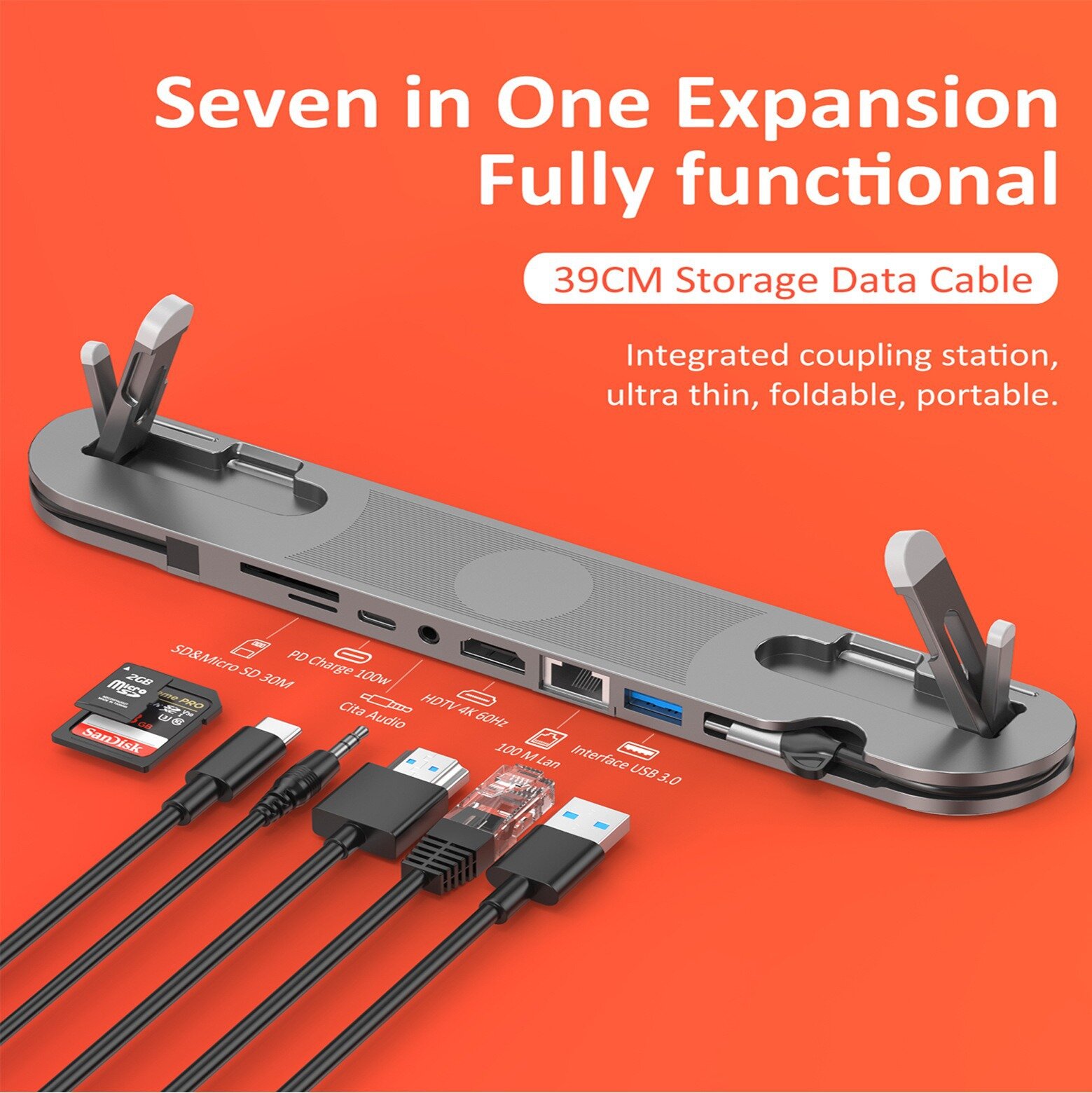 7-в-1 подставка-док-станция для ноутбука Type-C, 4K 60 Гц HDMI, 100W PD, 100 Мбит/с Ethernet, SD/TF, складная