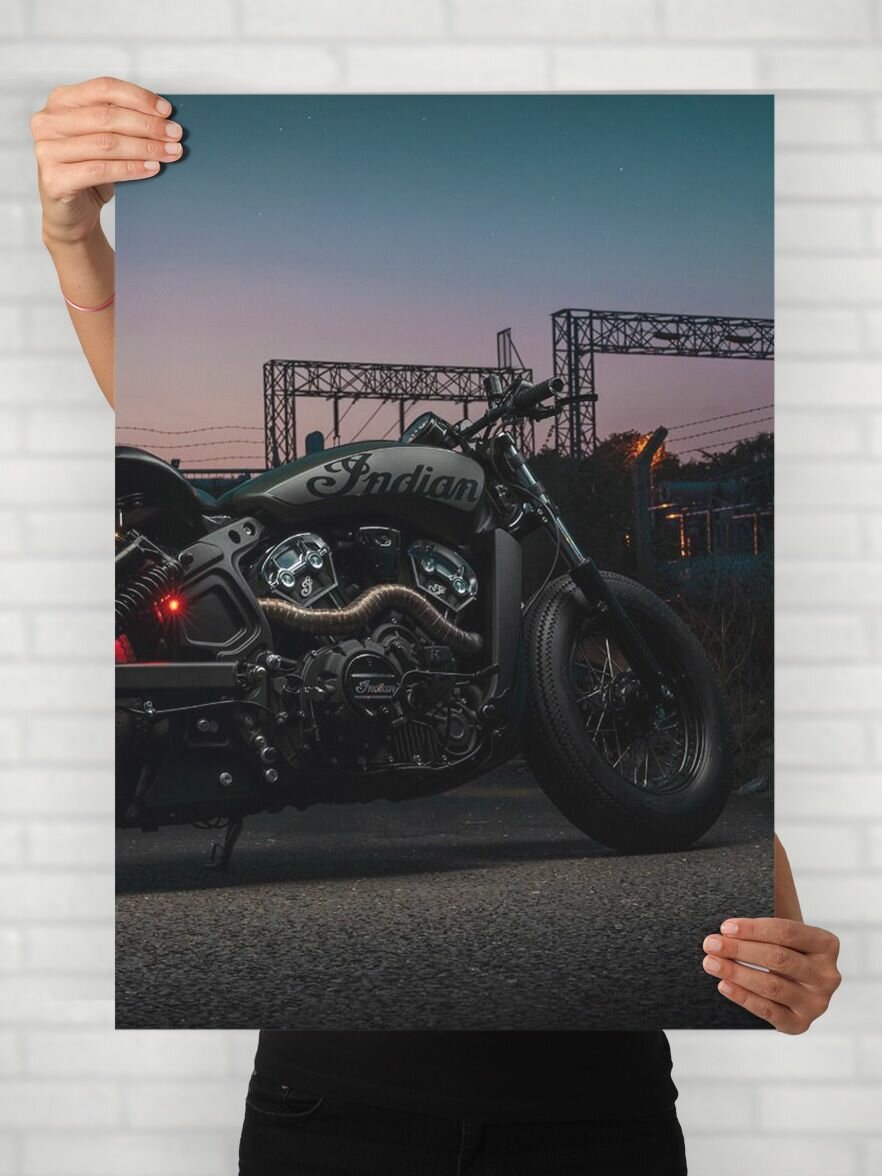 Плакат на стену для интерьера Мотоцикл (Indian Scout Bobber 1) - Постер по мото и байкам формата A1 (61x84 см)