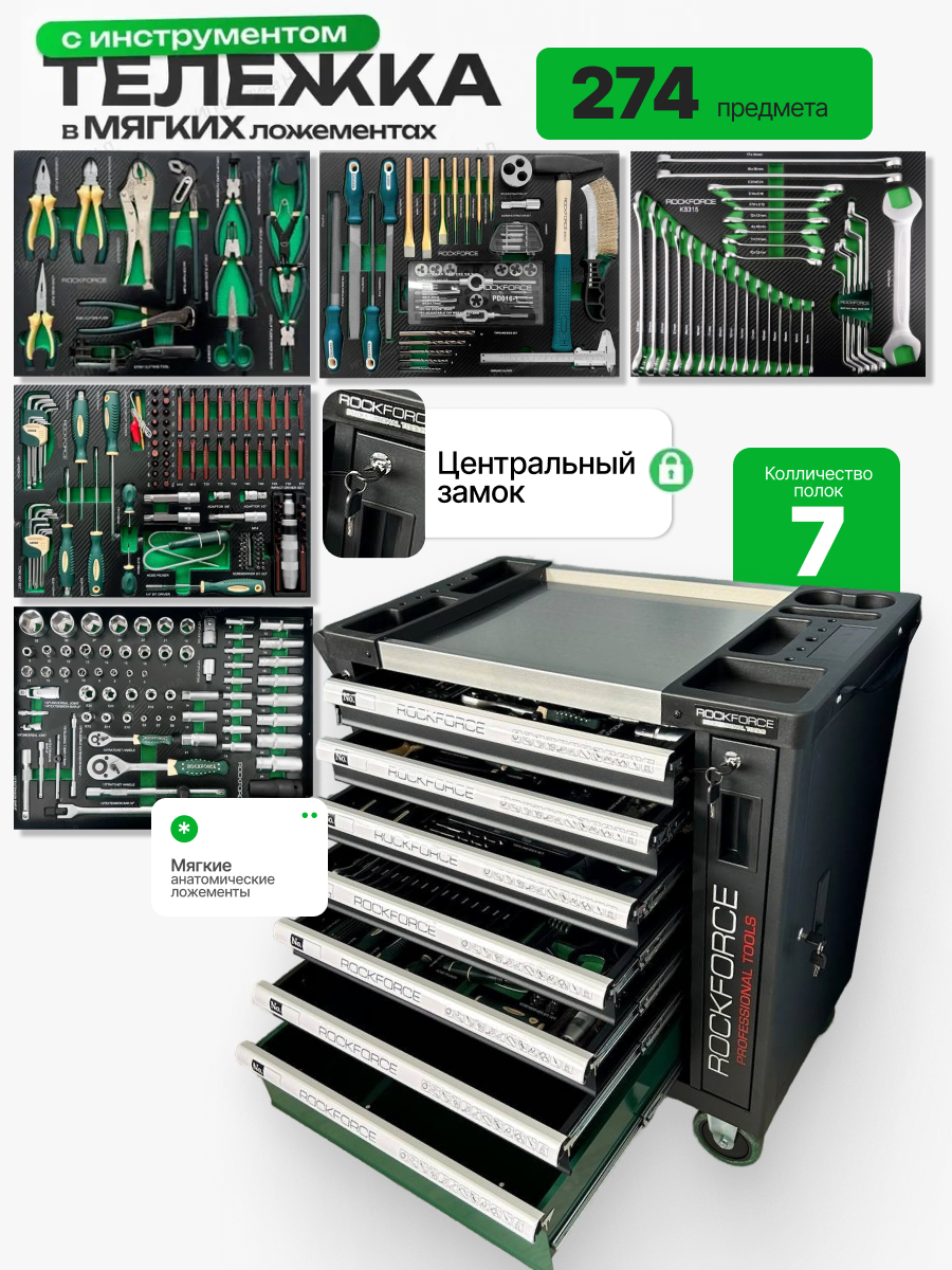 Тележка инструментальная с набором инструментов 274 предмета Rock Force RF-55300