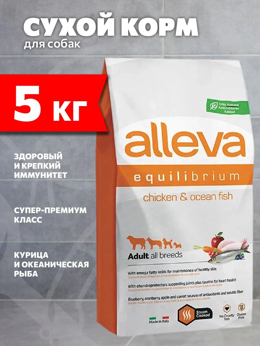 Корм сухой Alleva Equilibrium Adult Dog All Day Maintenance Chicken & Ocean Fish для взрослых собак всех пород, курица, океаническая рыба, 5 кг