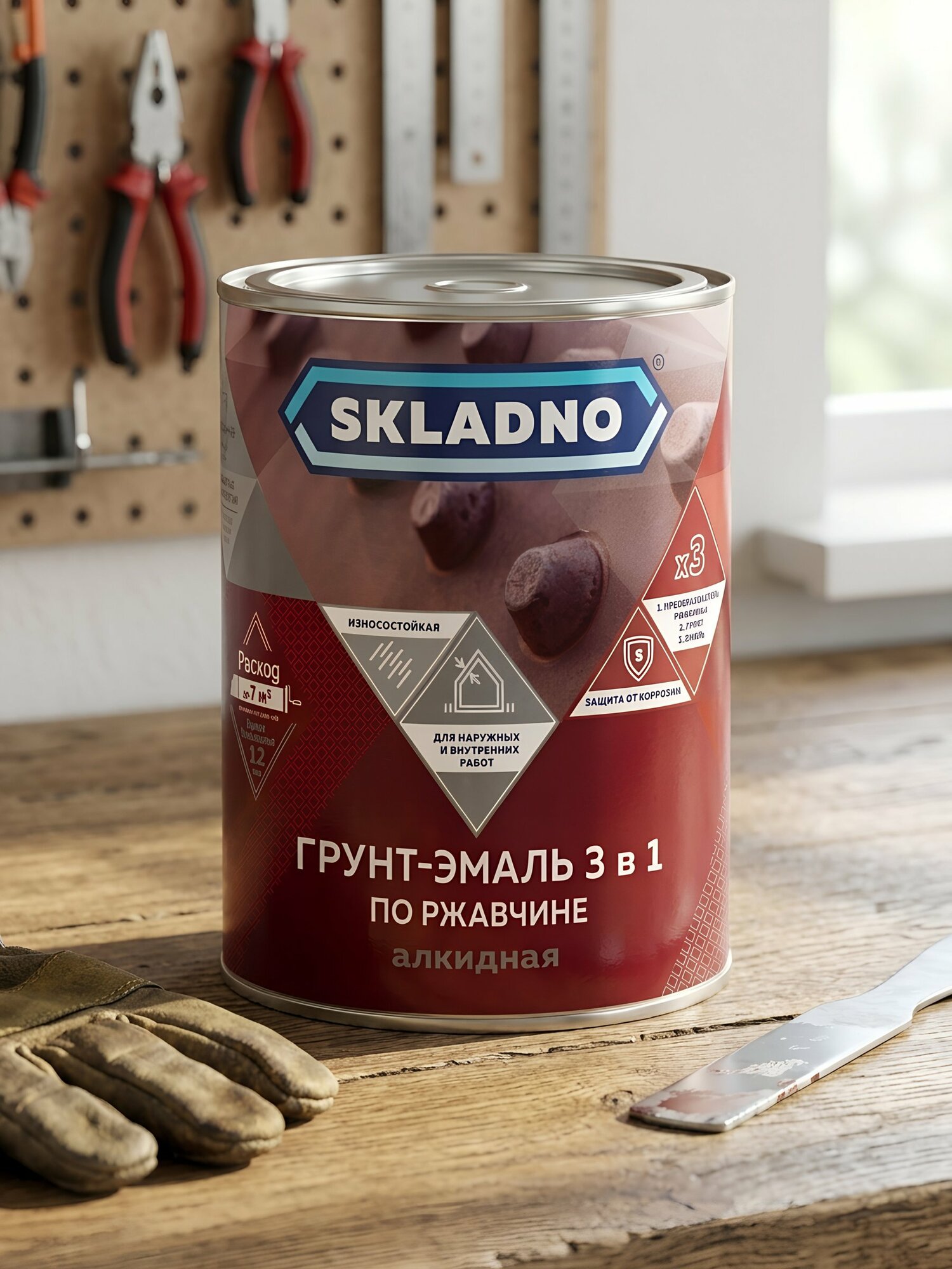 Грунт-эмаль Skladno по ржавчине 3в1 алкидная белая 0.8 кг для наружных и внутренних работ, глянцевая защита металла