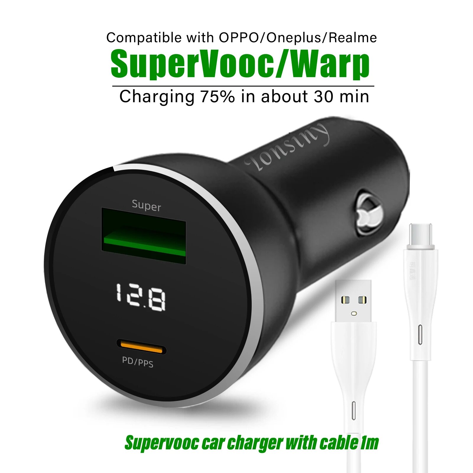 Автомобильное зарядное устройство Tonsiny SuperVOOC с кабелем 1м