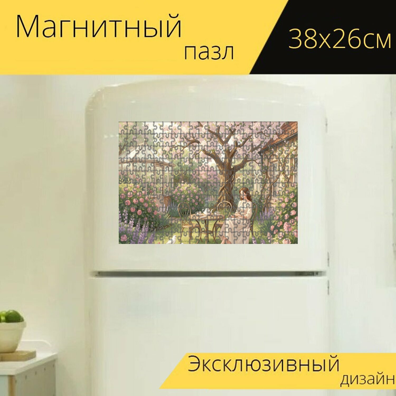 Магнитный пазл "Весенний сад с девушкой. Романтичная иллюстрация уютного дворика: цветущая сакура, чайный столик, оранжерея, розы, лаванда и белые птицы." для интерьера, 38х26 см.
