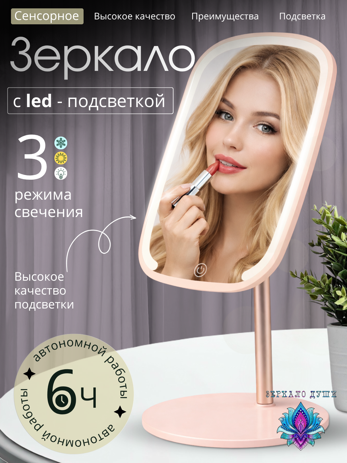 Зеркало настольное с led подсветкой для макияжа косметическое складное для туалетного столика гримерное