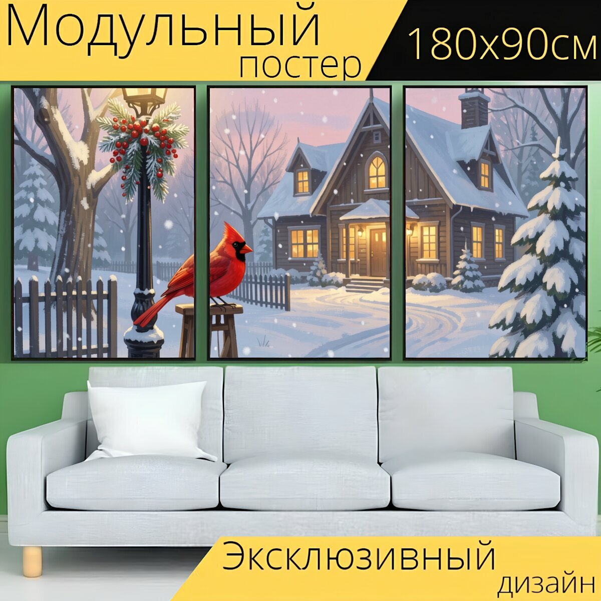 Модульный постер "Зимний домик с кардиналом. Снежная деревенская улица на закате, уютный деревянный коттедж с тёплым светом в окнах." 180 x 90 см. для интерьера на стену в тубусе