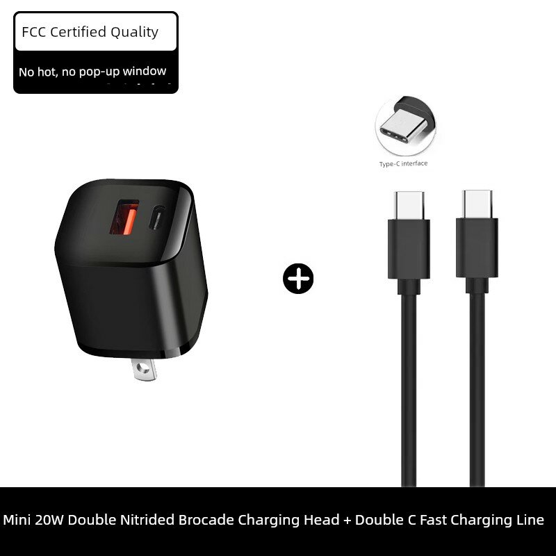 Черное зарядное устройство GaN 20 Вт с двойным портом и кабелем USB-C 2 м для Android