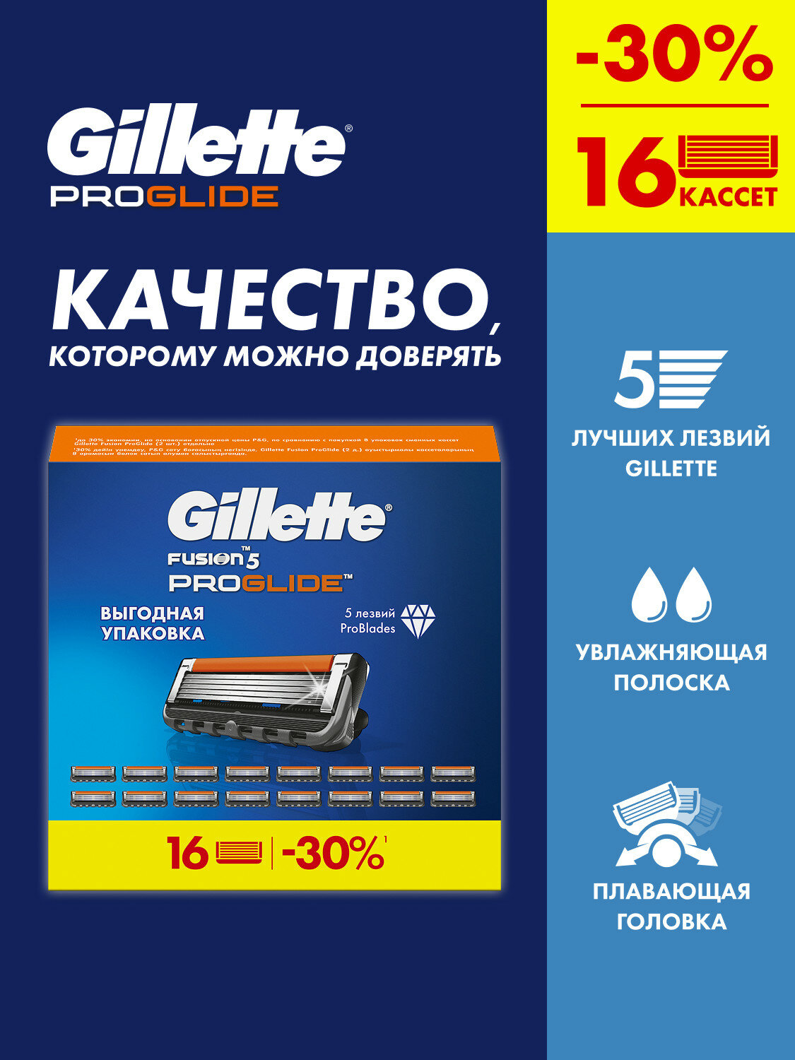 Сменные кассеты Gillette Fusion ProGlide c триммером для труднодоступных мест, 5 лезвий, 16 шт