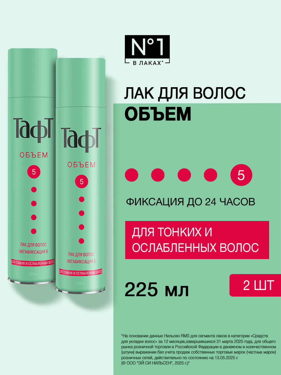 Тафт Лак для волос Объем, для тонких волос, мегафиксация 5, 2 шт х 225 мл (набор)
