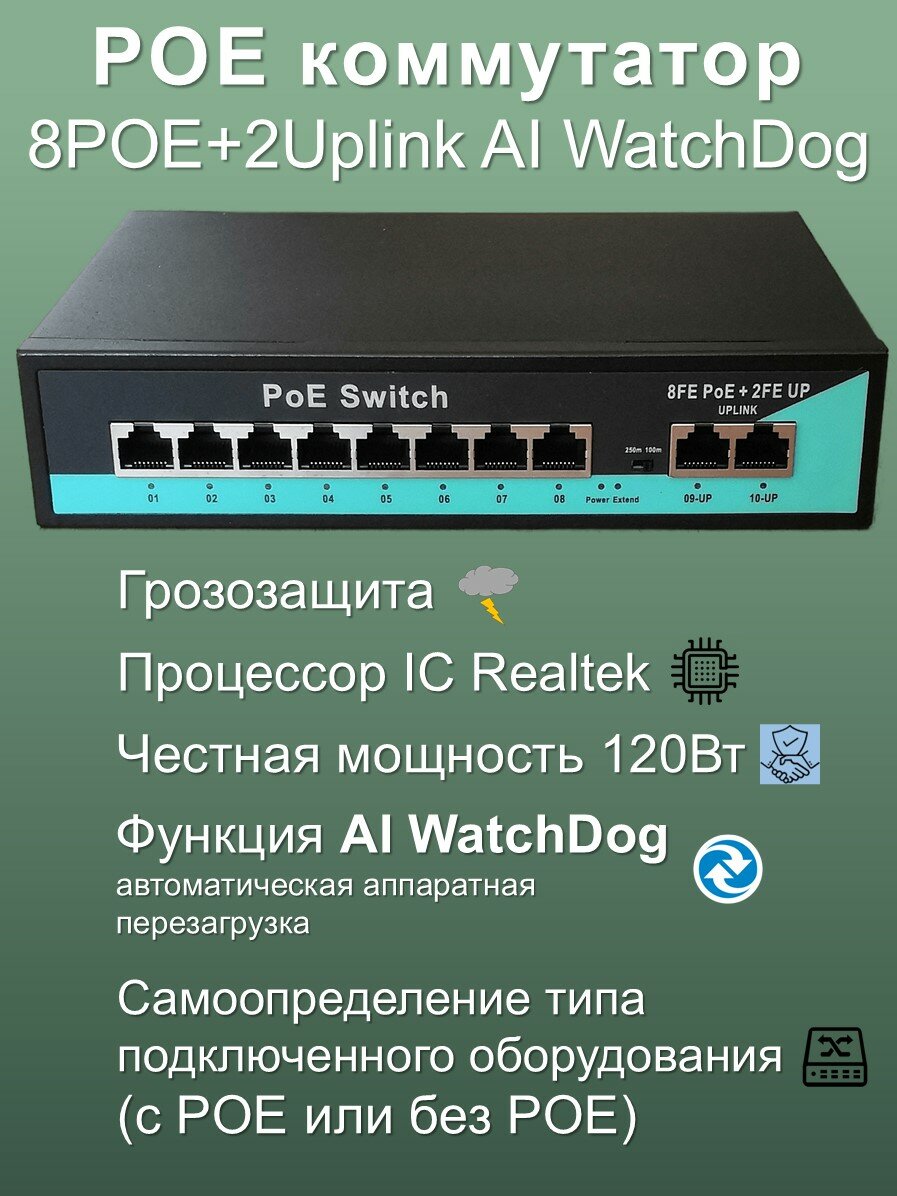 Коммутатор YDA POE 8POE+2Uplink,100 Мбит/с, WatchDog+VLAN, 250 метров,120 Ватт, процессор IC REALTEK