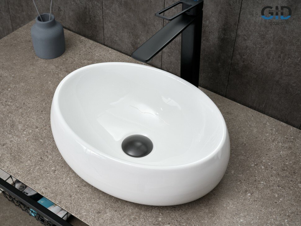 Раковина GID-Ceramic N9030ds, накладная, овальная, белая, 40см x 30см x 13,5см