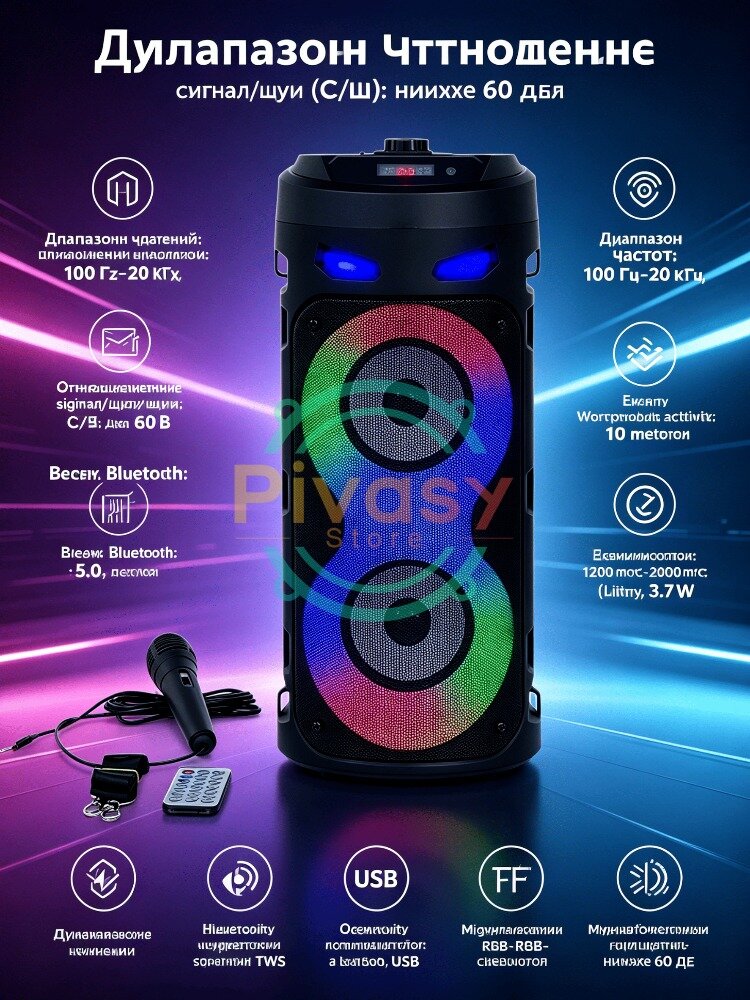 Беспроводной динамик Bluetooth, Два 4-дюймовых динамика, RGB подсветка, сопряжение TWS, для вечеринки