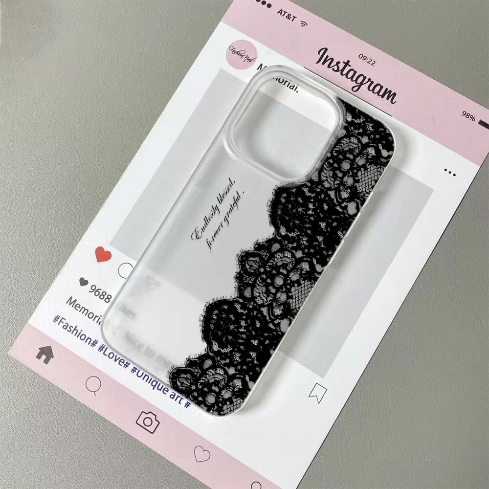Противоударный мягкий прозрачный чехол-накладка Y2K Fashion Letter Black Lace для iPhone 17, 16, 15, 14, 13, 12, 11 Pro Max, 17 Air, 16 Plus