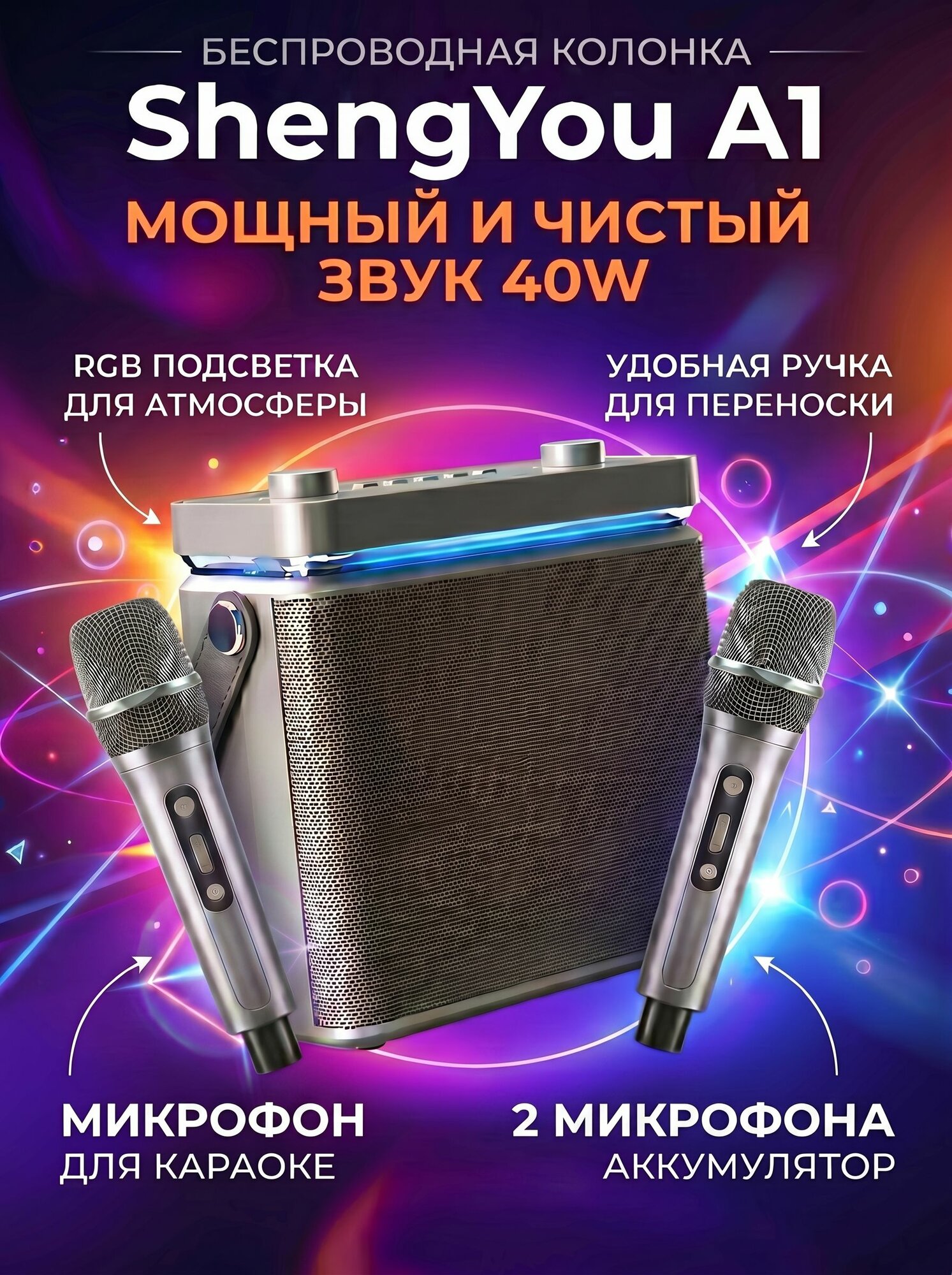 Беcпроводная Bluetooth колонка "ShengYou A1 " 40W (2500mAh) - для вечеринок и караоке c двумя микрофоном