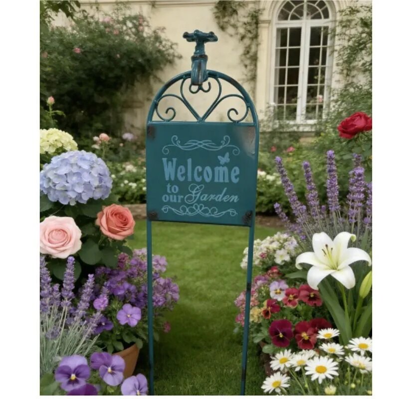 Садовая фигурка с надписью Welcome to our Garden, металл, для газона, цвет зеленый — фото 1