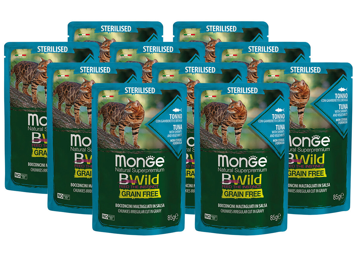 Корм влажный Monge Bwild Grain Free Cat Sterilised беззерновые взрослых кастрированных котов и стерилизованных кошек с тунцом, креветками и овощами в соусе пауч, 85 г 10 шт