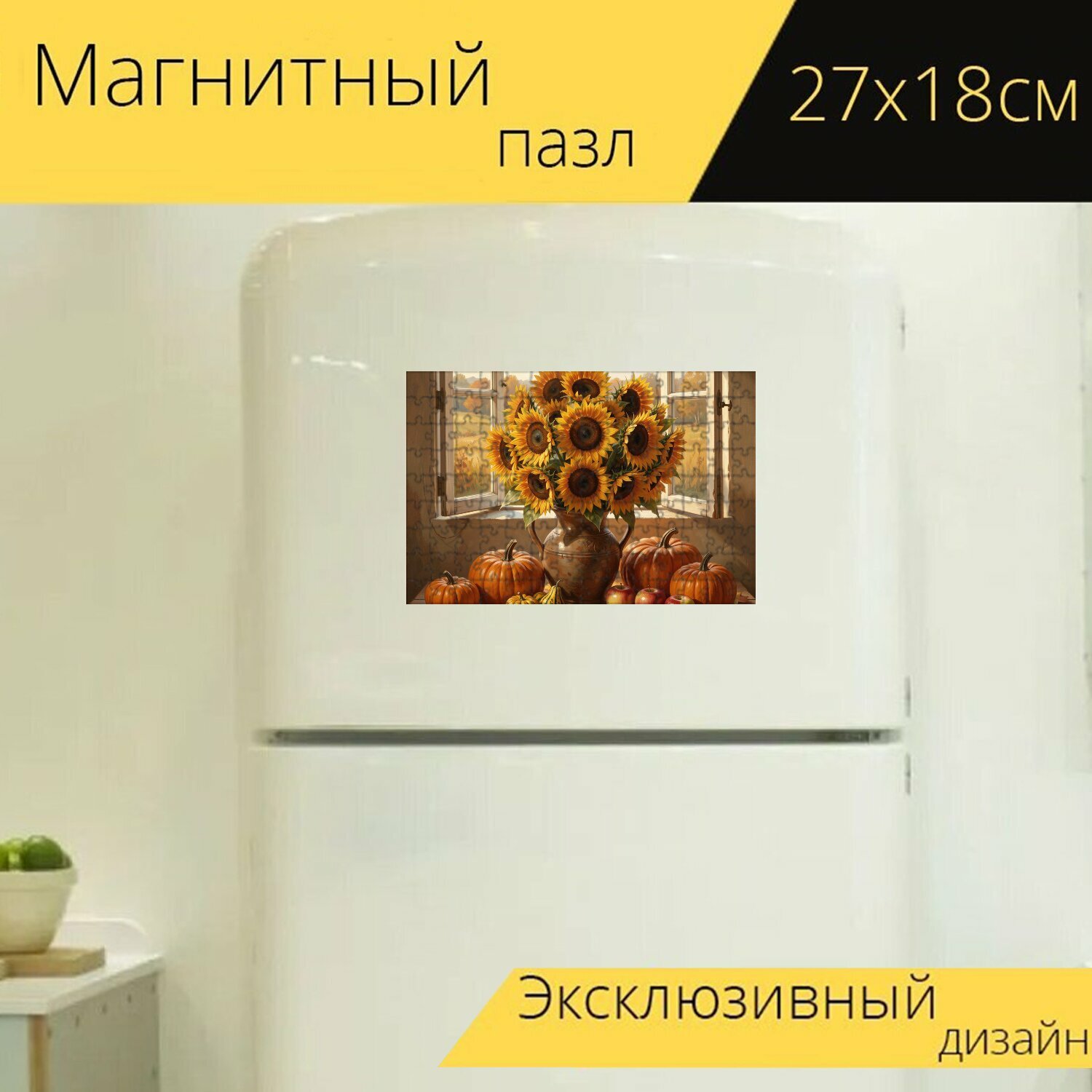 Магнитный пазл "Осенний натюрморт с подсолнухами. Тёплая деревенская композиция в золотистых и оранжевых тонах: букет солнечных цветов в керамическом." на холодильник 27 x 18 см.