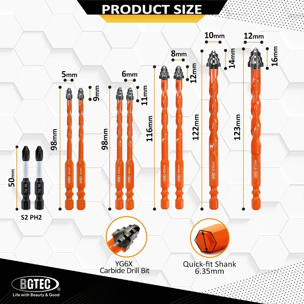 Сверла по бетону BGTEC 5-16 мм, YG6X, Quick-fit 6.35 мм