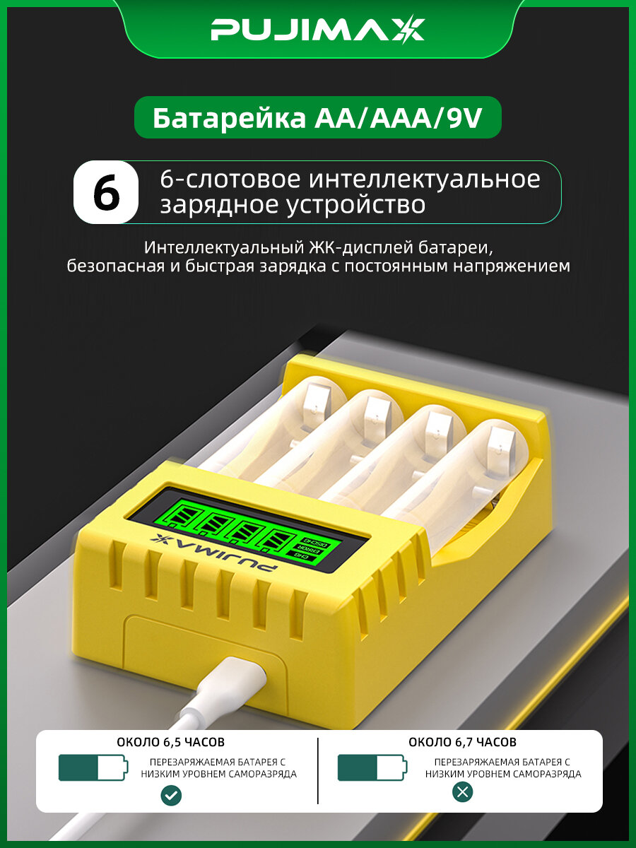 Зарядное устройство PUJIMAX для Ni-MH аккумуляторов LCD дисплей Type-C вход 4 слота Черный
