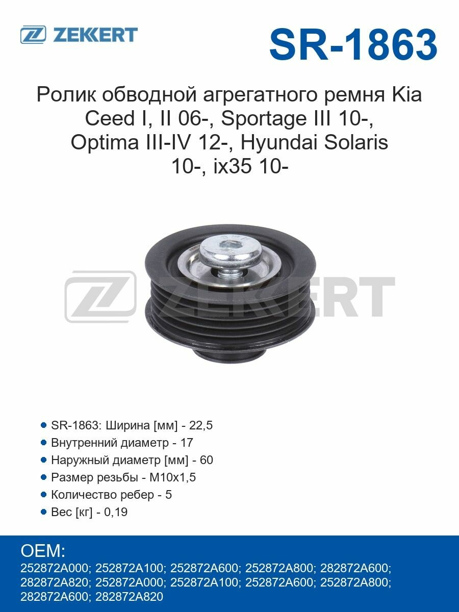 Zekkert Ролик обводной агрегатного ремня Kia Ceed I, II 06-, Sportage III 10-, Optima III-IV 12-, Hyundai Solaris 10-, ix35 10-