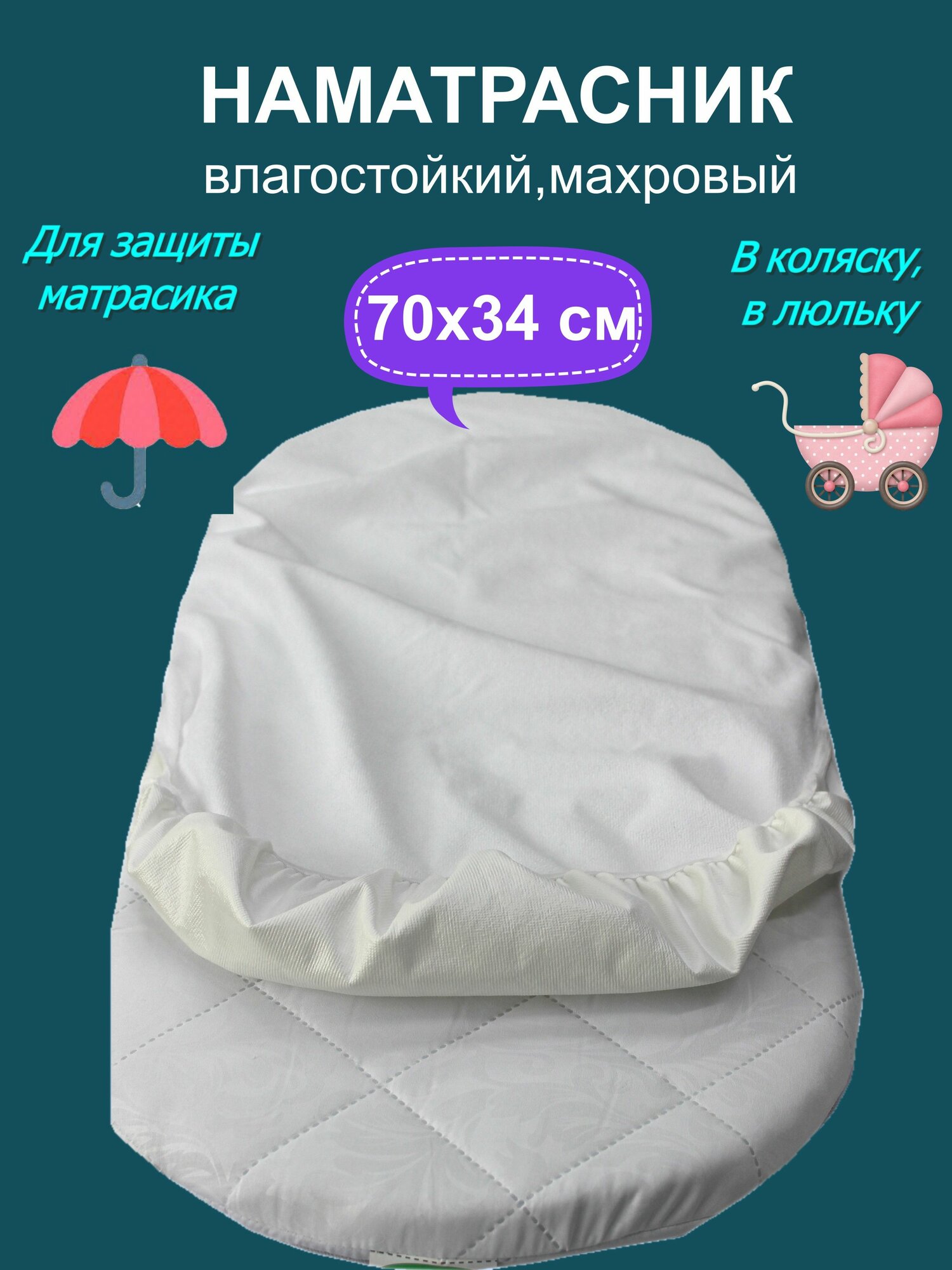 Влагостойкий наматрасник для матрасика коляски, люльки AquaStop 70х34 см