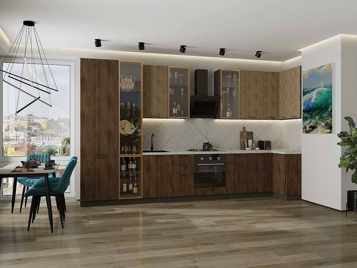 Угловая Кухня 4 м кухня Флэт-05 со столешницей полки ЛДСП 2340*4000-1000*600 Natural Casella Oak 2S-Brown Casella Oak 2S