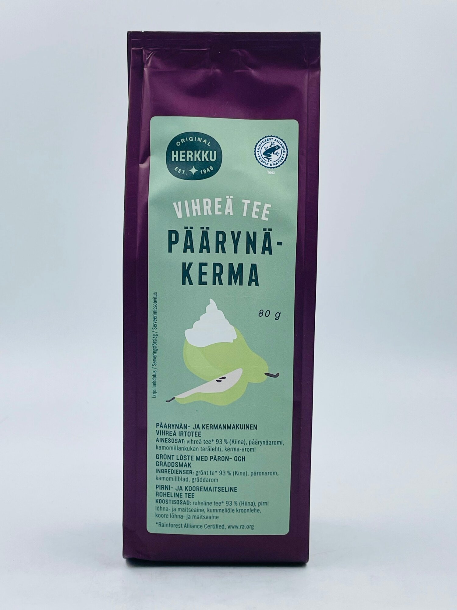 Зеленый чай рассыпной Herkku со вкусом груши и сливок, 80 г (из Финляндии)
