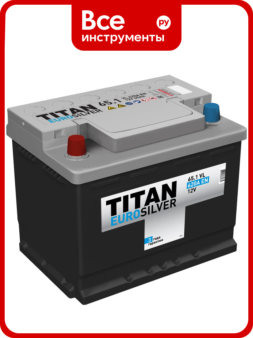 Аккумулятор TITAN EUROSILVER автомобильный, прямая полярность, пламегаситель, для легковых и грузовых автомобилей