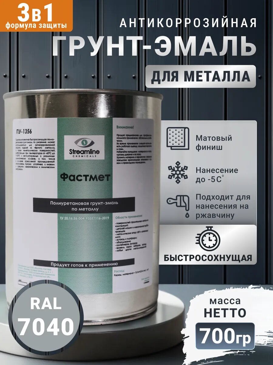 Краска "Фастмет", матовая, серая, для металла, чугуна и ржавчины, 0.7 кг