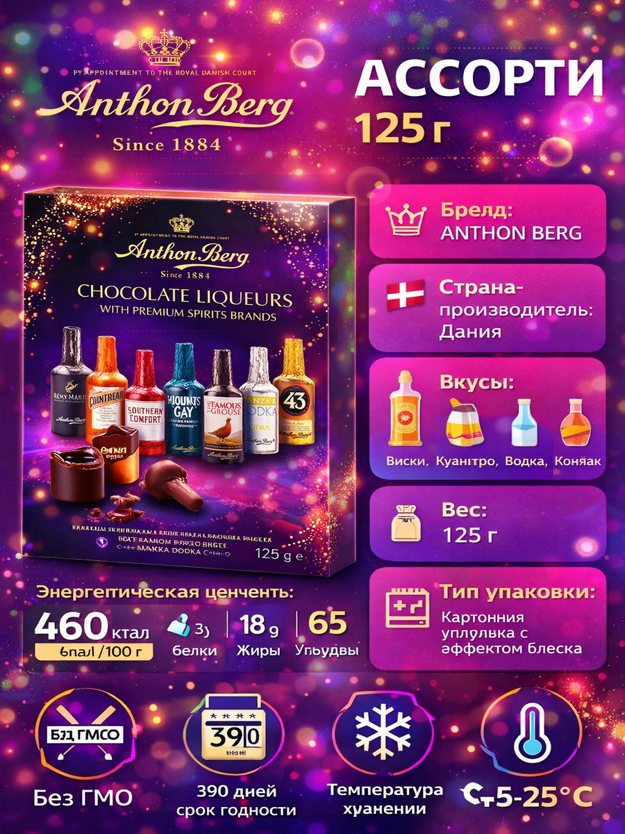 Набор шоколадных конфет Anthon Berg Ассорти начинка из премиального алкоголя, 125г