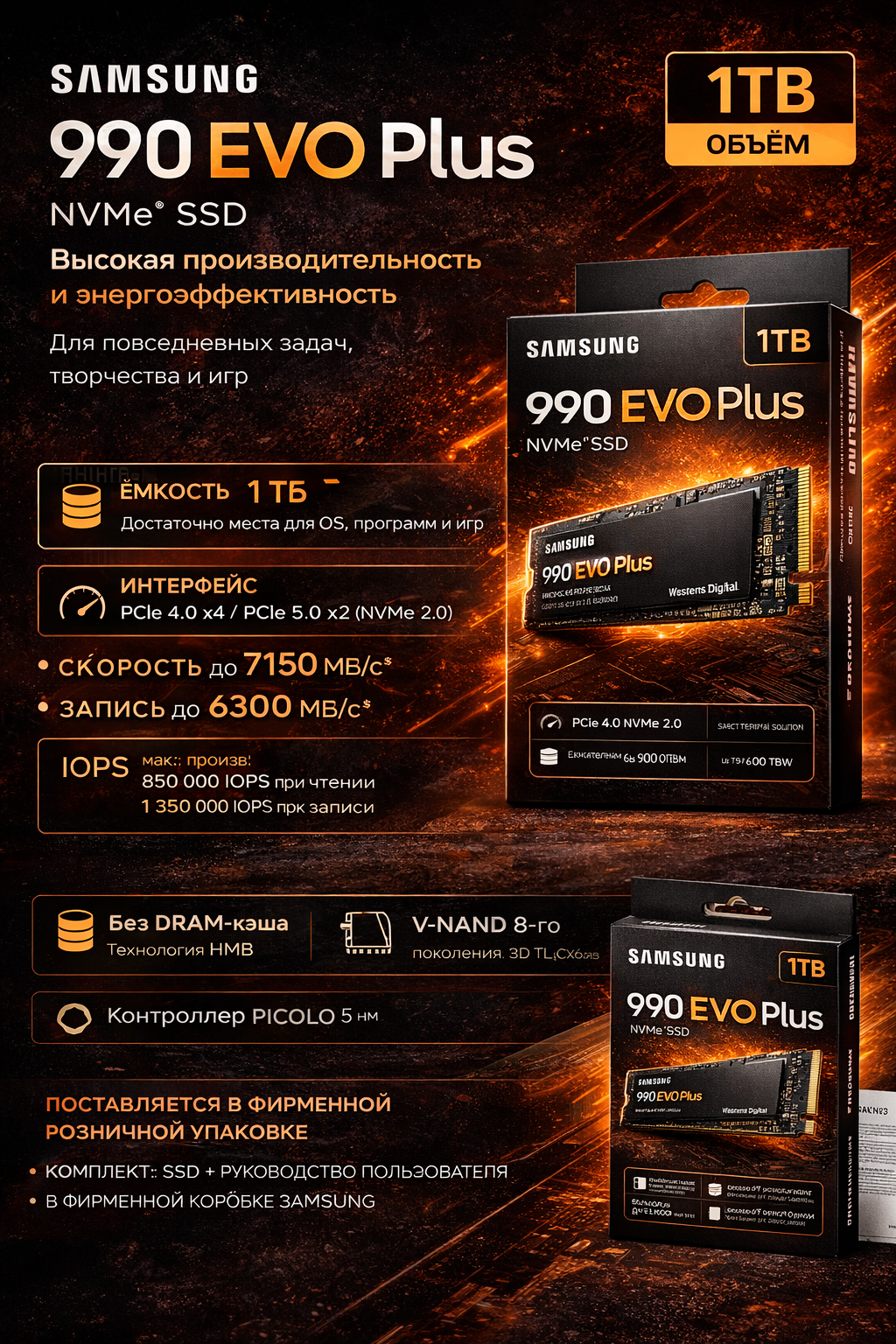 Внутренний SSD Samsung 990 EVO Plus 1 TB, PCIe 4.0x4/5.0x2 NVMe M.2, 7150 MB/s, 6900 MB/s (MZ-V9S1T0BW)