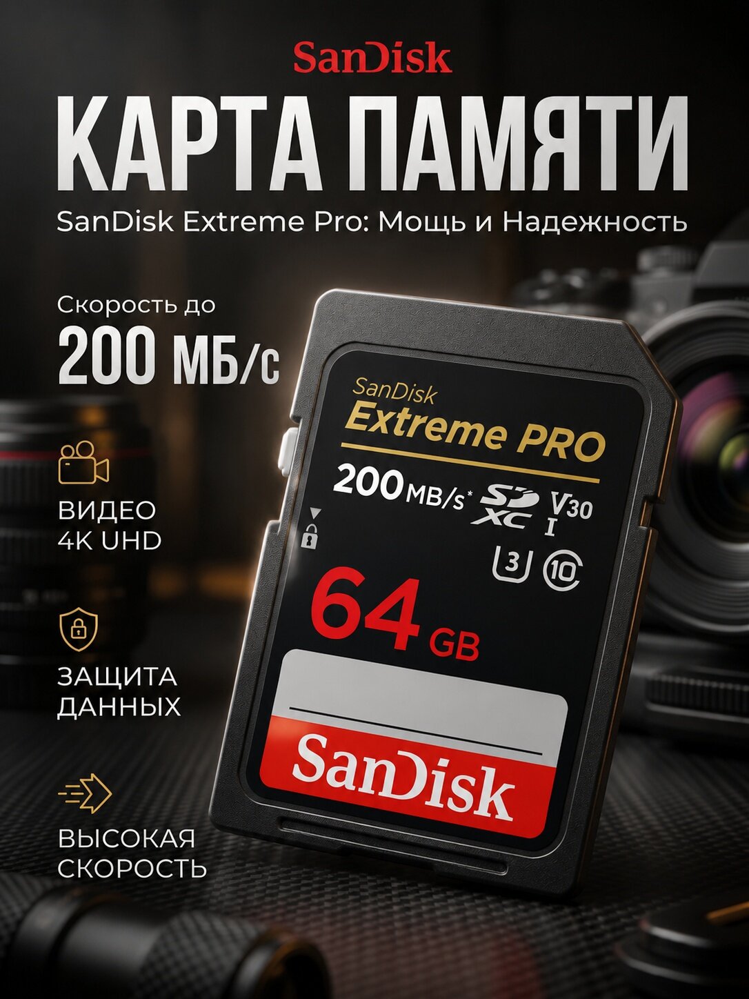 Карта памяти SanDisk Extreme PRO SDXC 64 ГБ Class 10 UHS-II U3 V60 6K-Video (R/W 200/140 Mb/s)