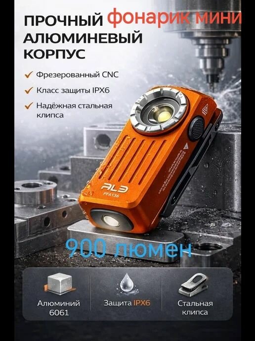 Мини фонарик с магнитом PFA136, IPX4, 900 люмен