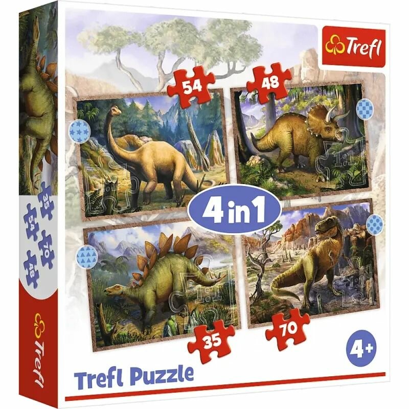Пазлы Trefl Интересные динозавры, 4 в 1, 35, 48, 54, 70 элементов, 28,5х20,5 см