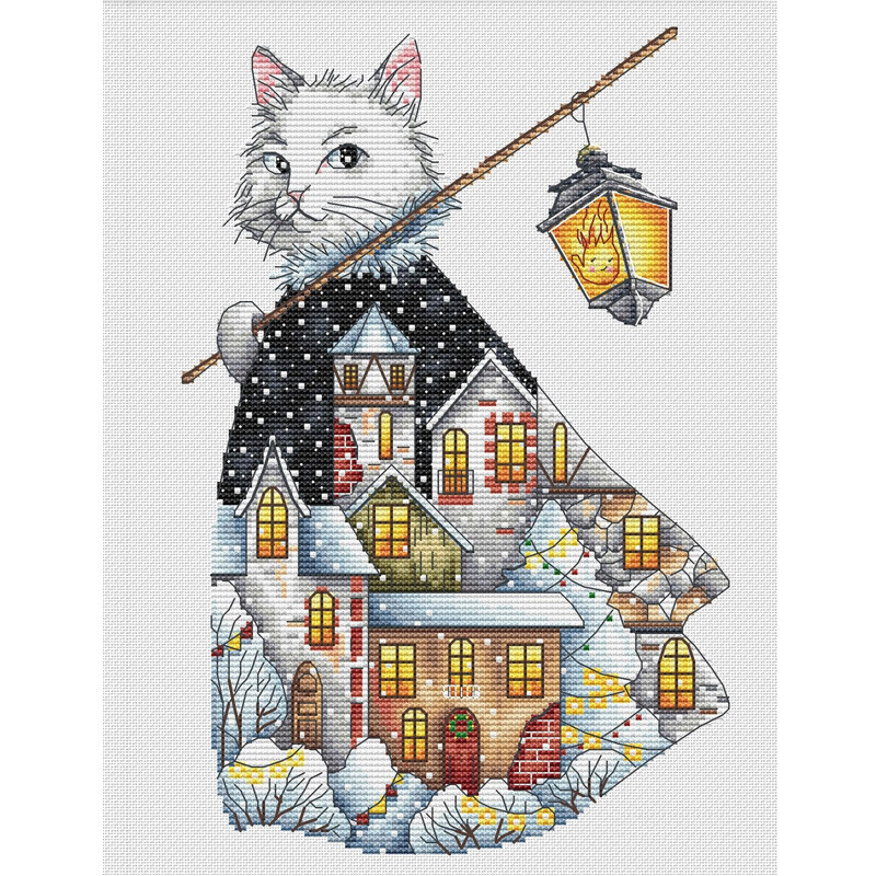 Hабор для вышивания крестиком Amishop Рождественская кошка-фонарик, 14 x 20 см, 39 цветов, 18CT Aida, 94 x 142 стежка