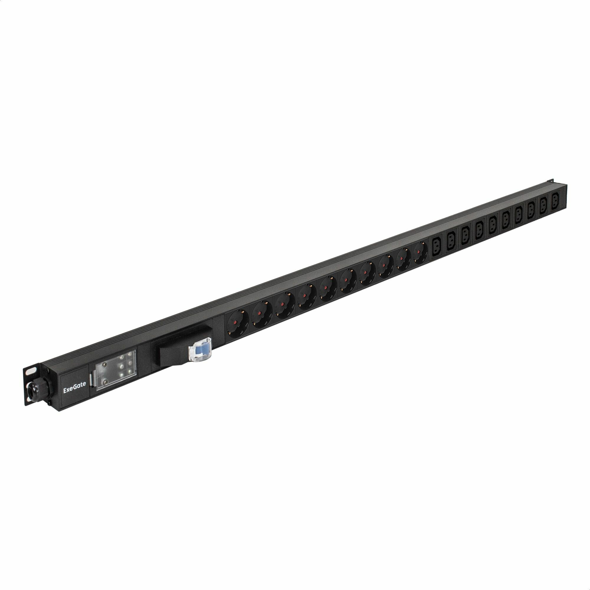 Вертикальный блок розеток с автоматом защиты ExeGate ServerPro PDU-V213 Al-10C1310S-T-1P (19", 1U, Алюминий, 10*IEC 320 C13, 10*EU/Тип F(Schuko), клеммная колодка) EX300289RUS