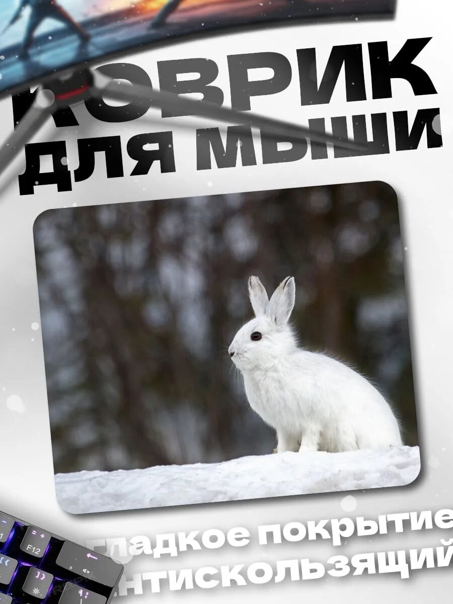 Коврик для мыши Белый кролик в снегу