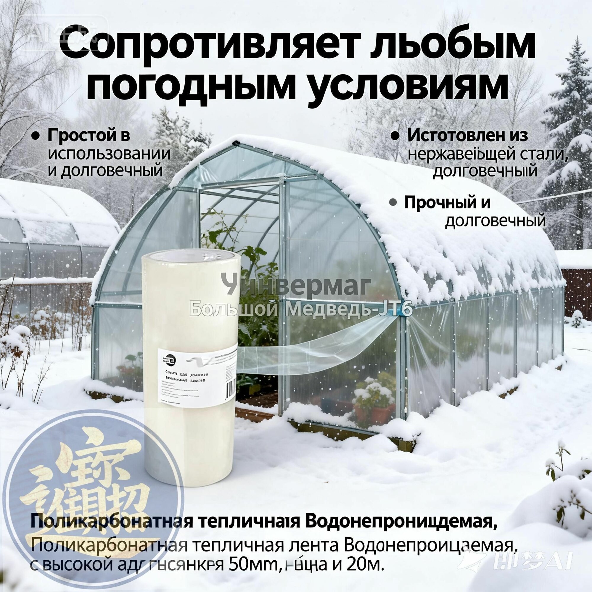 Уплотнительная лента для теплиц из поликарбоната, 50 мм 20 м
