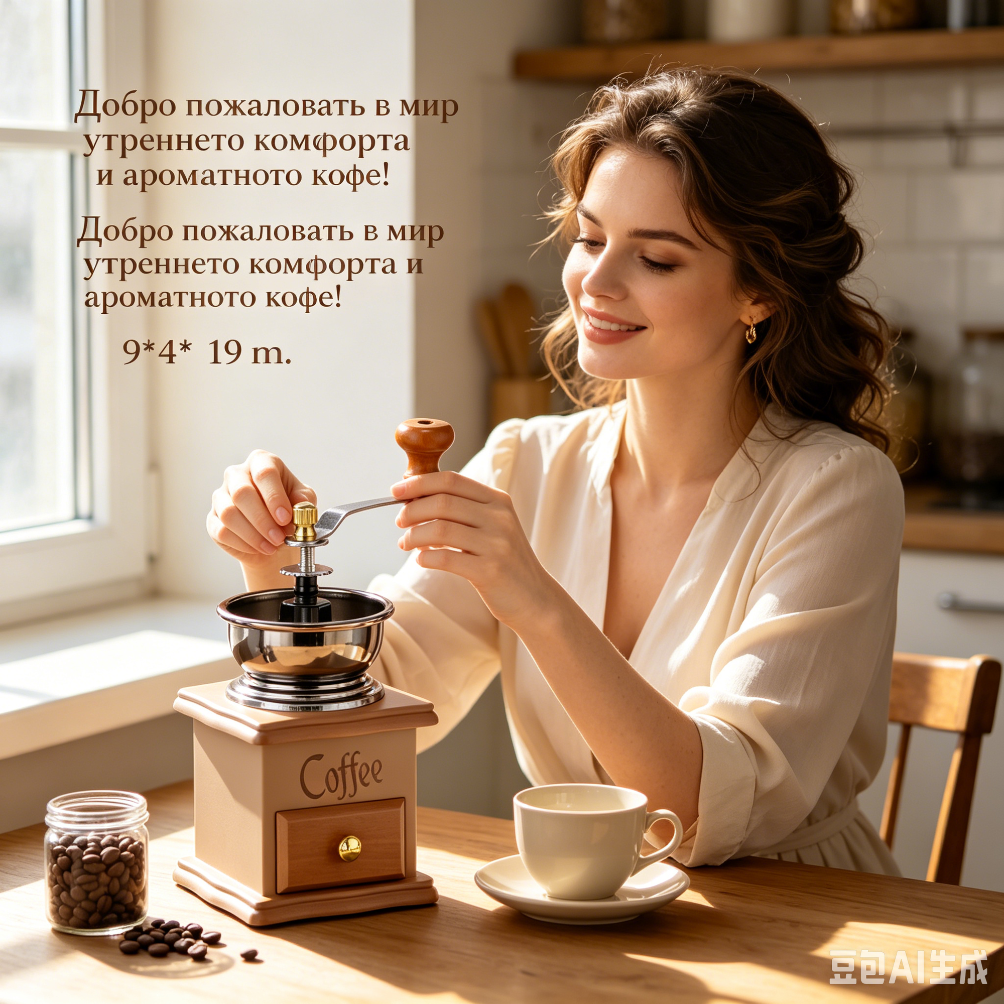 Кофемашина с ручным приводом в стиле ретро, небольшая бытовая, светло-кофейного цвета, 9*9*19 см