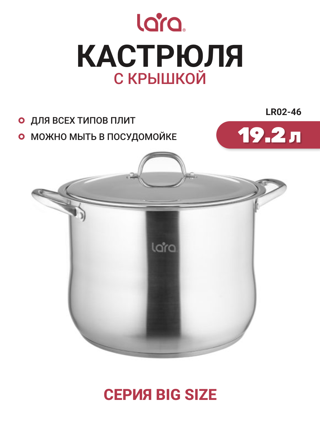 Кастрюля 19,2 л LARA, LR02-46, нерж. сталь, матовая полировка
