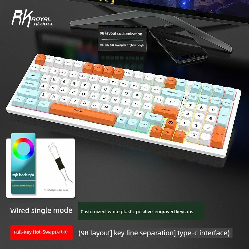 RK 98 100-Клавишная Механическая Клавиатура с Красным Переключателем, Пластик, Светодиодная Подсветка RGB, Проводное