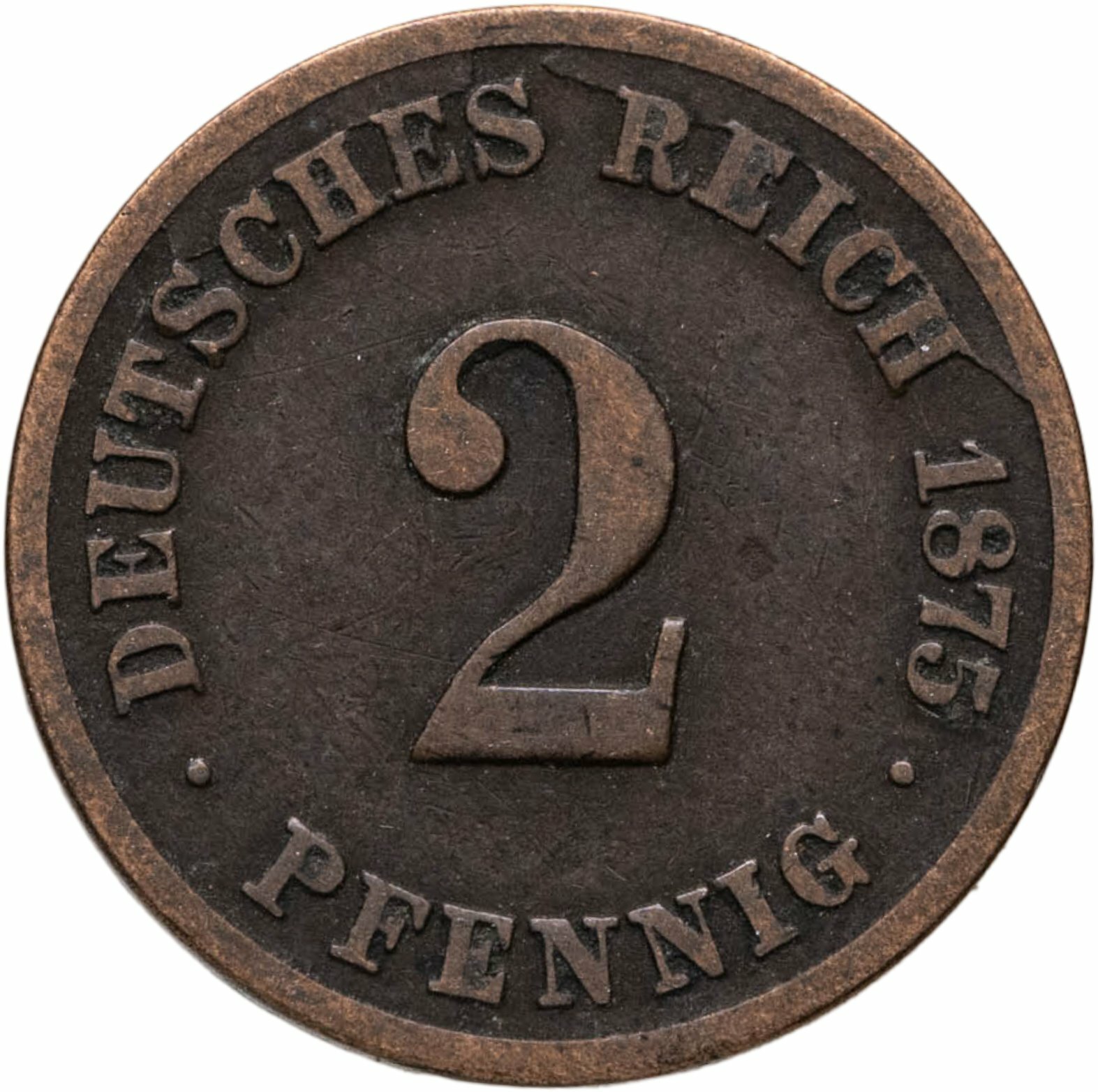 Германия 2 пфеннига pfennig 1875, знак монетного двора: "C" - Франкфурт-на-Майне, Медь, в сохранности VF