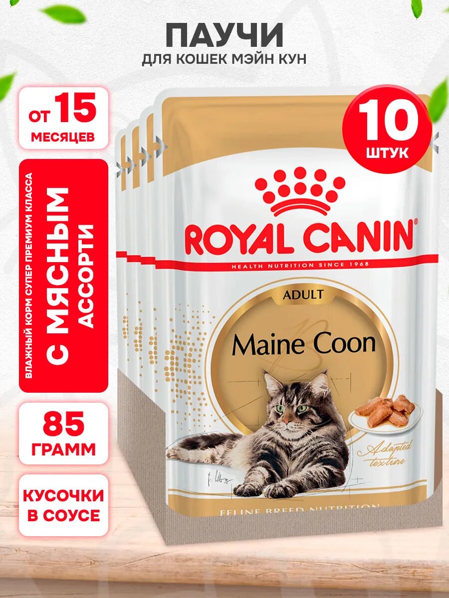 Корм влажный Royal Canin Maine Coon Adult для взрослых кошек мэйн кун в соусе пауч, 85 г х 10 шт