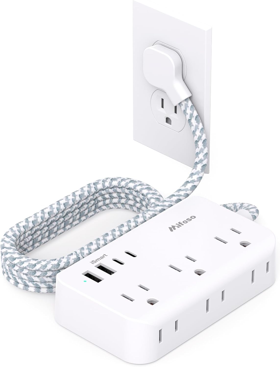 Удлинитель с 6 розетками и 4 -портами (2 USB-C), плетеный шнур с ультратонкой плоской вилкой, настенное крепление, защита от перегрузки, для путешествий, круизных лайнеров, общежитий (1,5 м, белый)