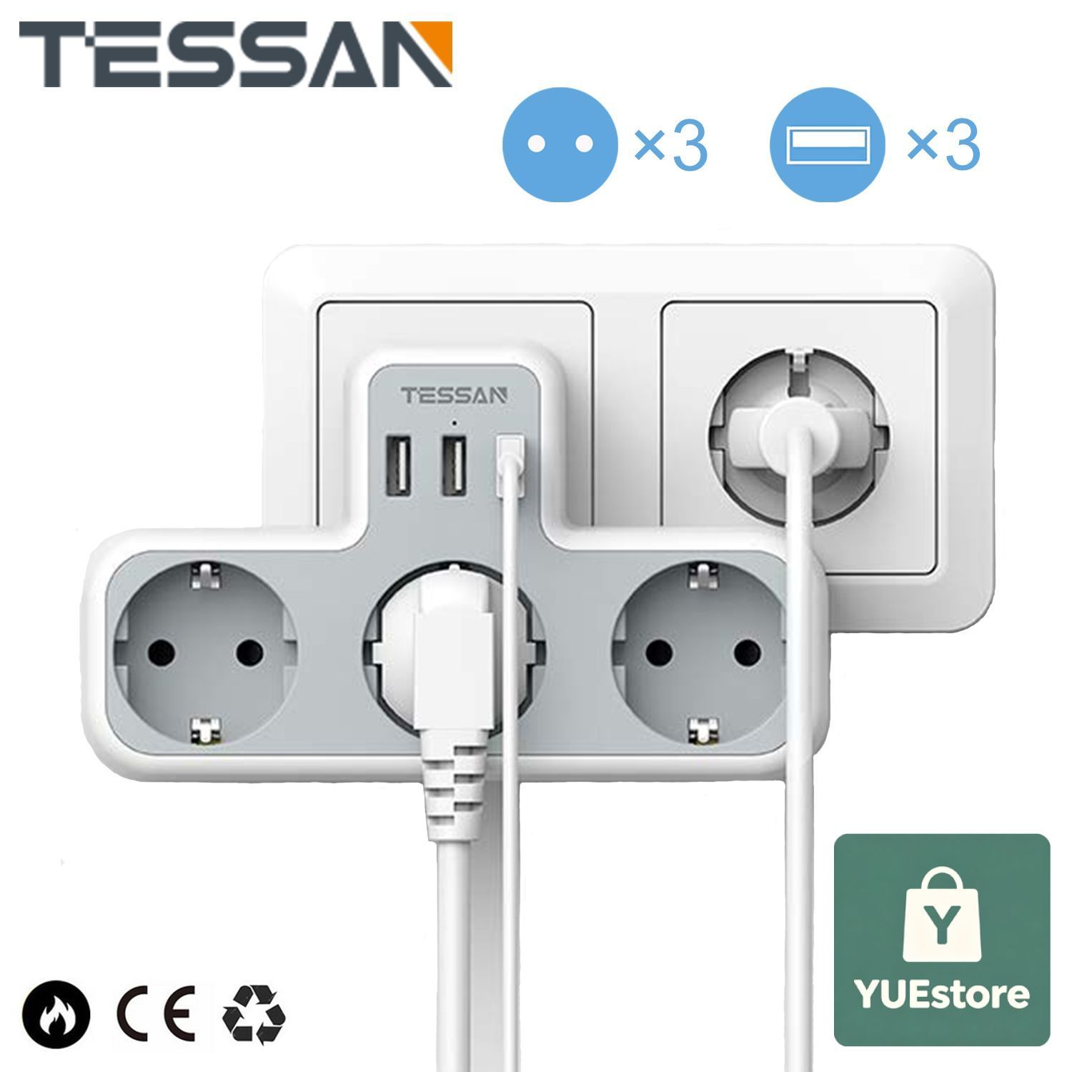 Многофункциональная настенная розетка TESSAN с 3 розетками, 3 USB-порта, USB-адаптер 6 в 1 с защитой от перегрузки для смартфона, планшета