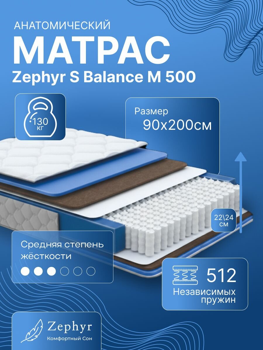 Матрас Zephyr S Balance M 500 90х200 средней жесткости, Анатомический, Пружинный